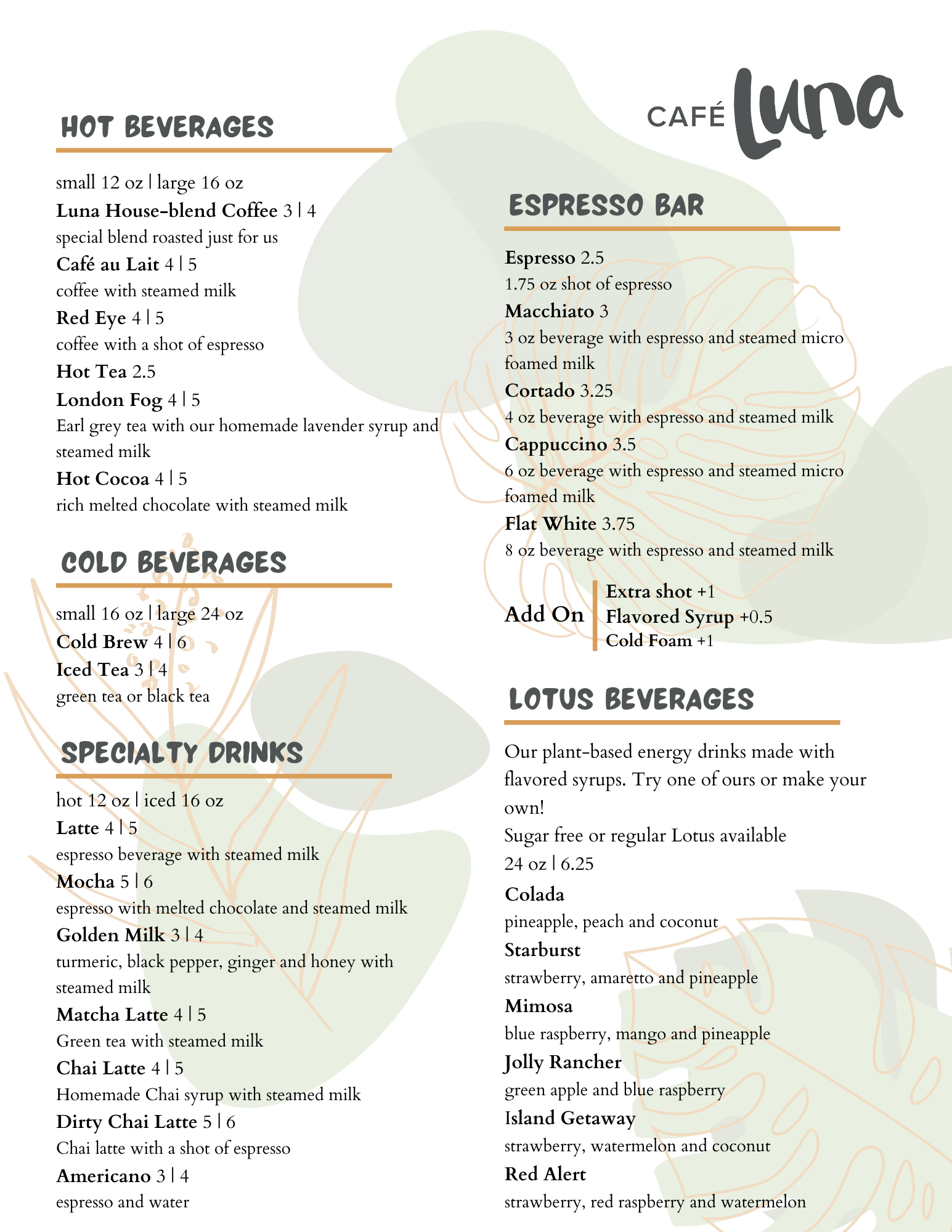Scarborough Menu - Cafe Luna