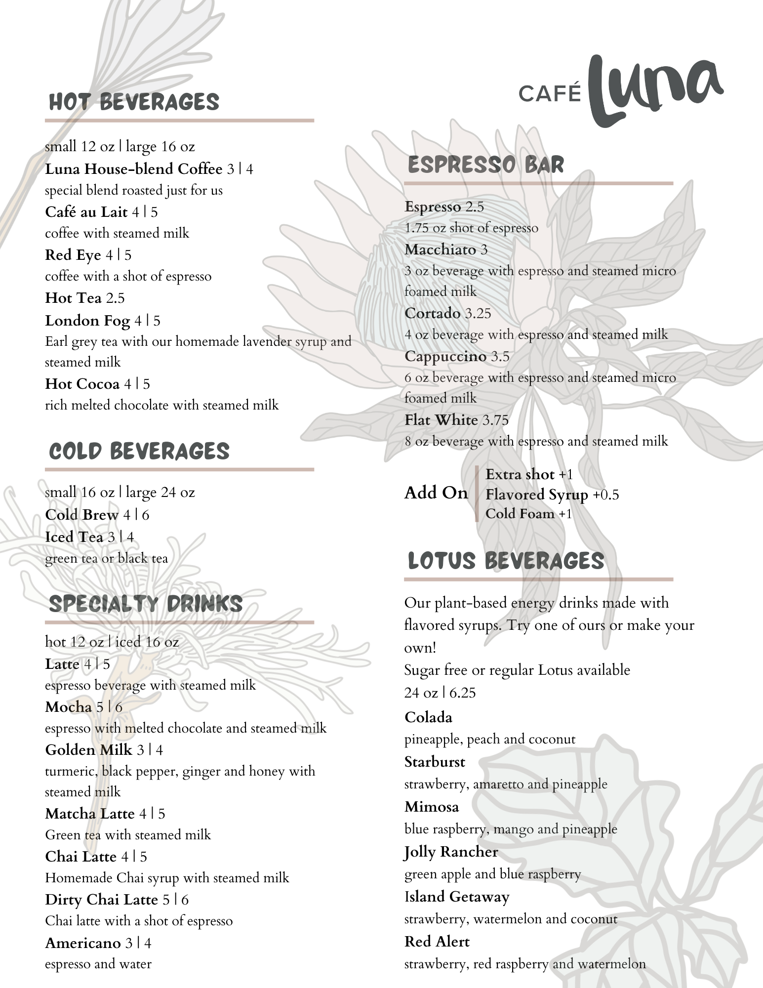 Falmouth Menu - Cafe Luna