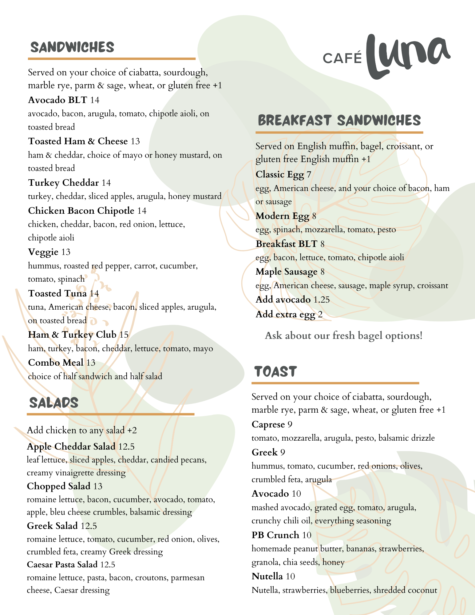 Scarborough Menu - Cafe Luna