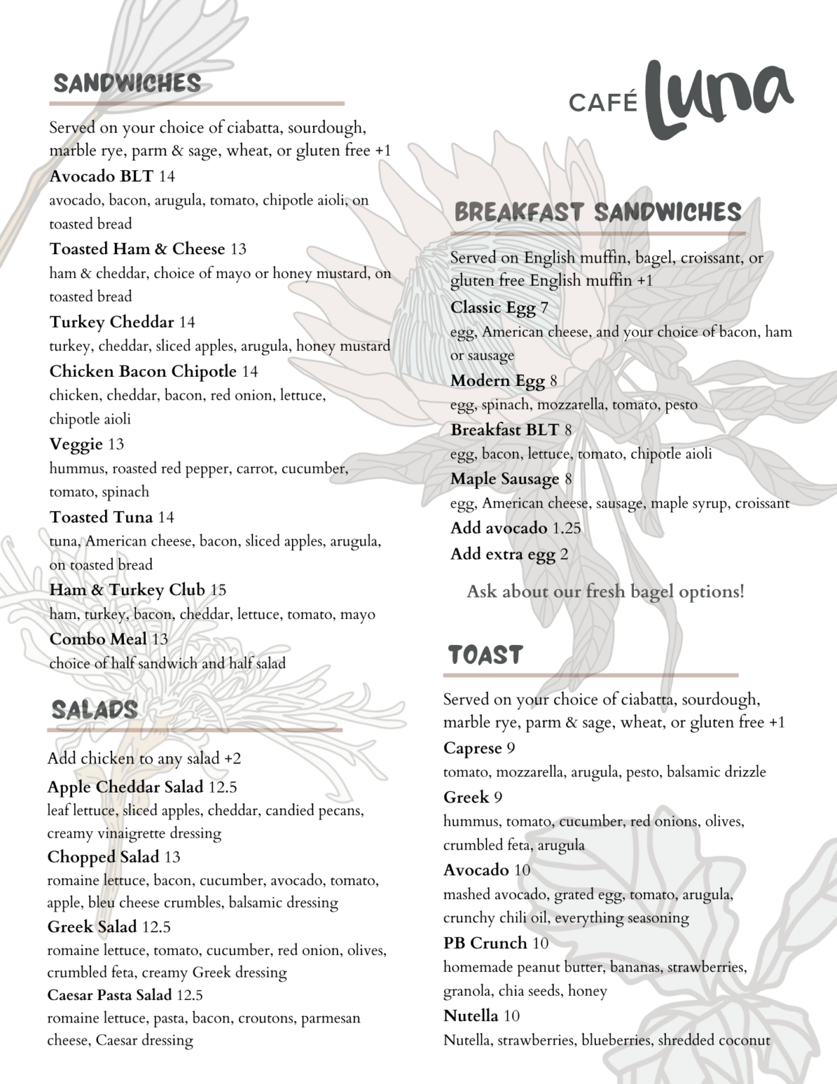 Falmouth Menu - Cafe Luna